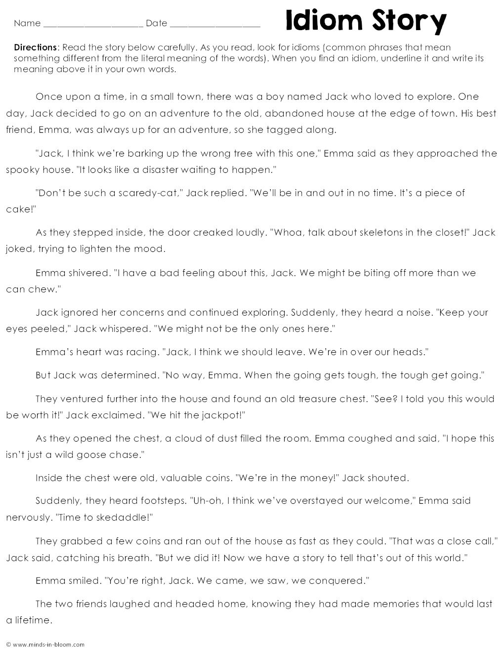 Idioms Worksheet - Read a Story, Find the idioms - Minds in Bloom Unlimited