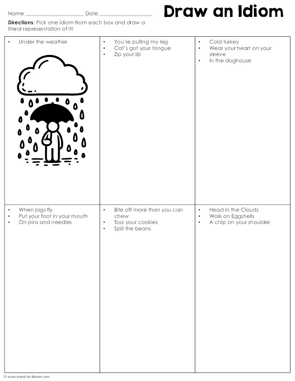 Idioms Worksheet - Draw an idiom literally - Minds in Bloom Unlimited
