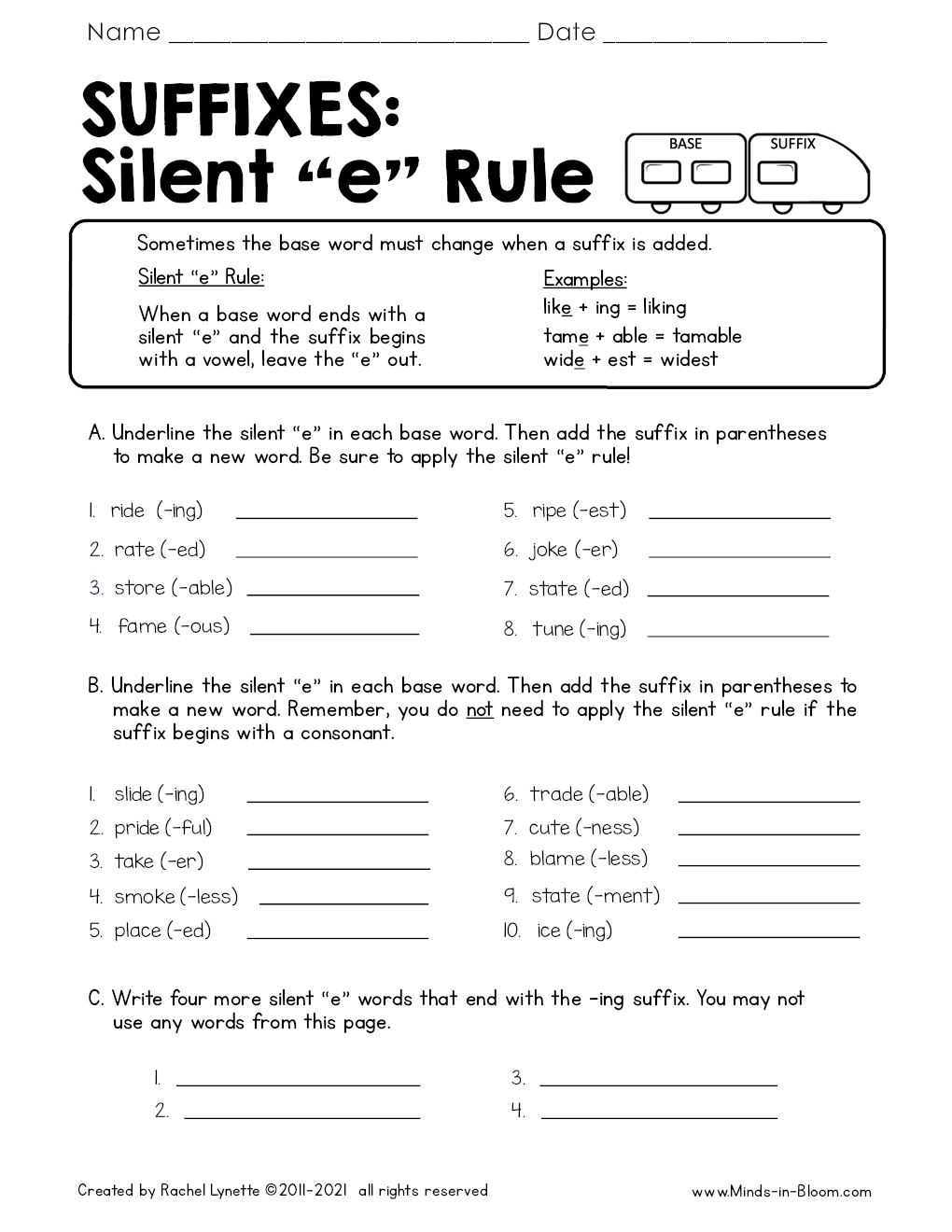 Silent E Suffixes Worksheet for Grades 3-5 | Printable Educational Resource