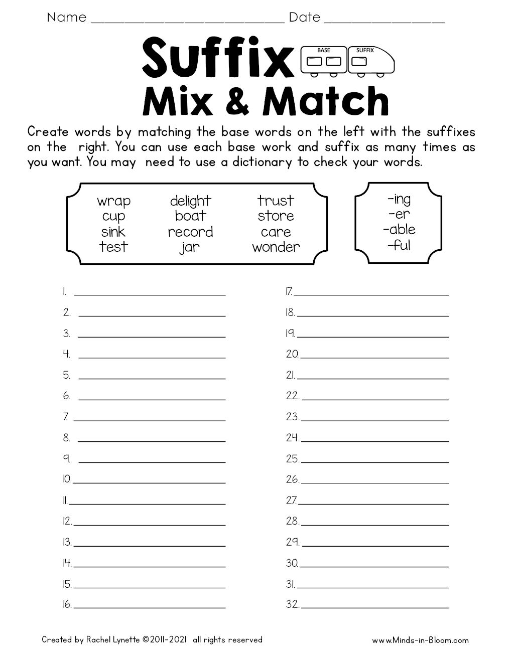 Suffix Word Match Worksheet Printable for Grades 3-5 | Prefixes ...