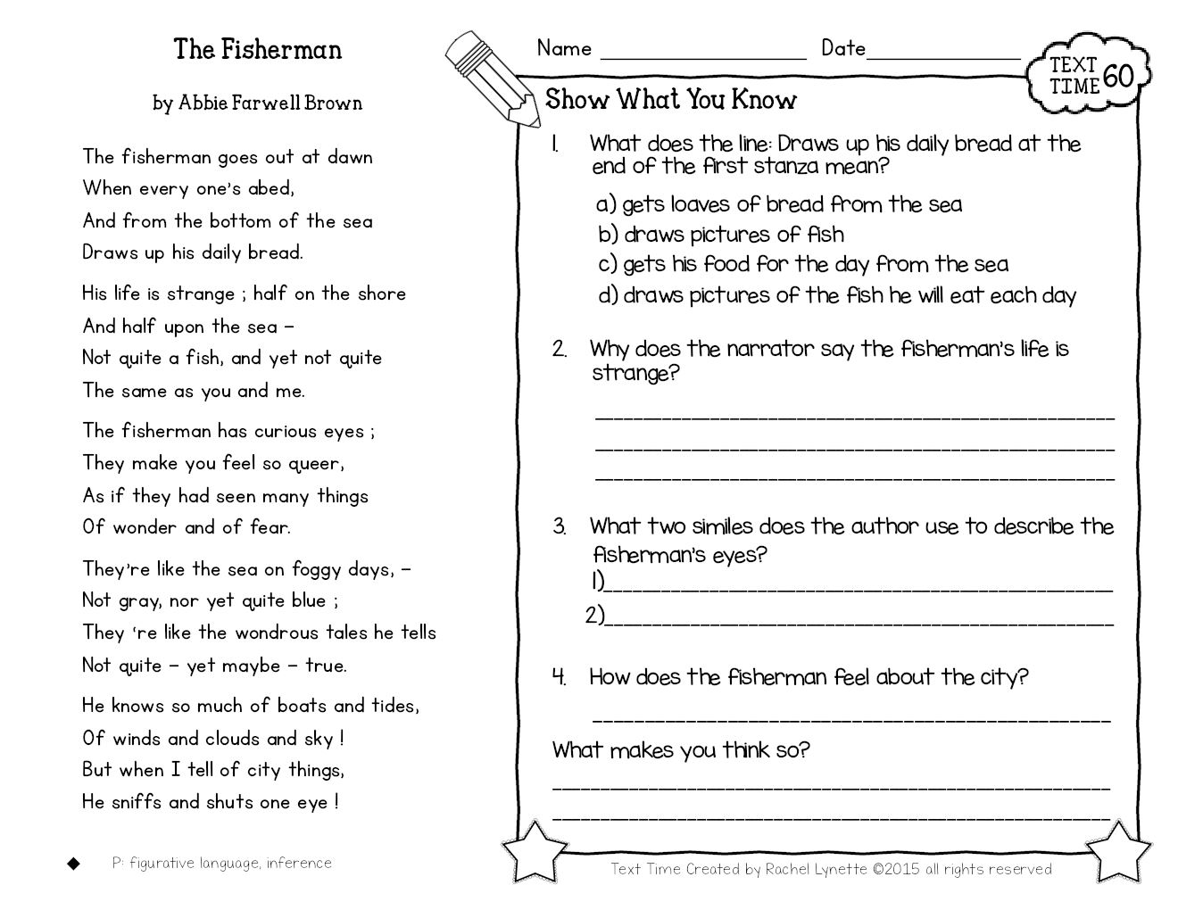 Fisherman Poetry Comprehension | 3-5 Reading Passages Worksheet