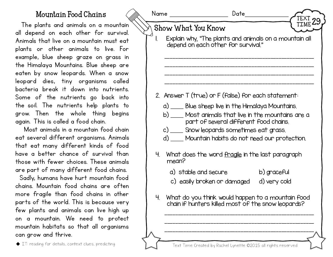 Mountain Food Chains Worksheet | Reading Passages | Grade 3-5