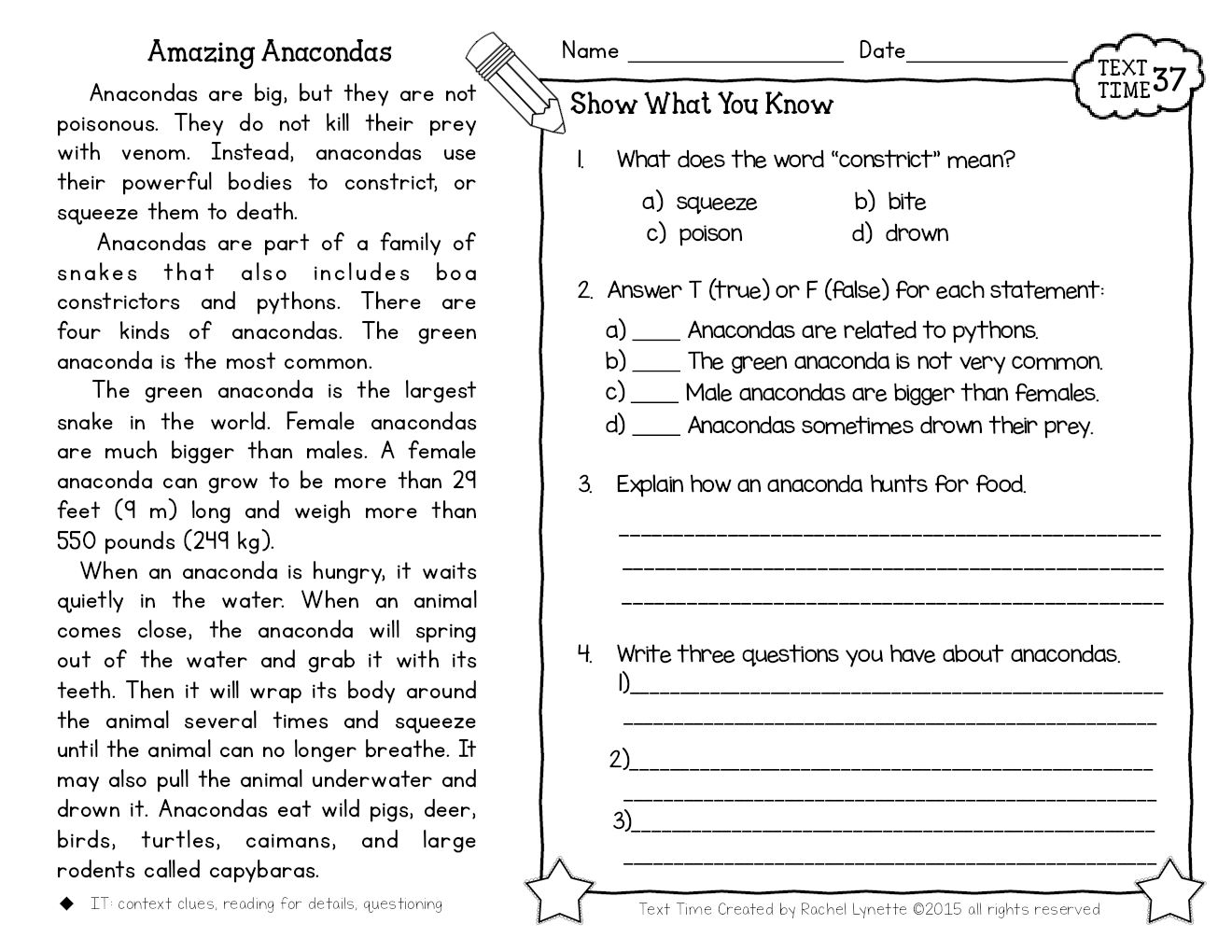 Anaconda Facts | Close Reading Passages Worksheet for Grades 3-5