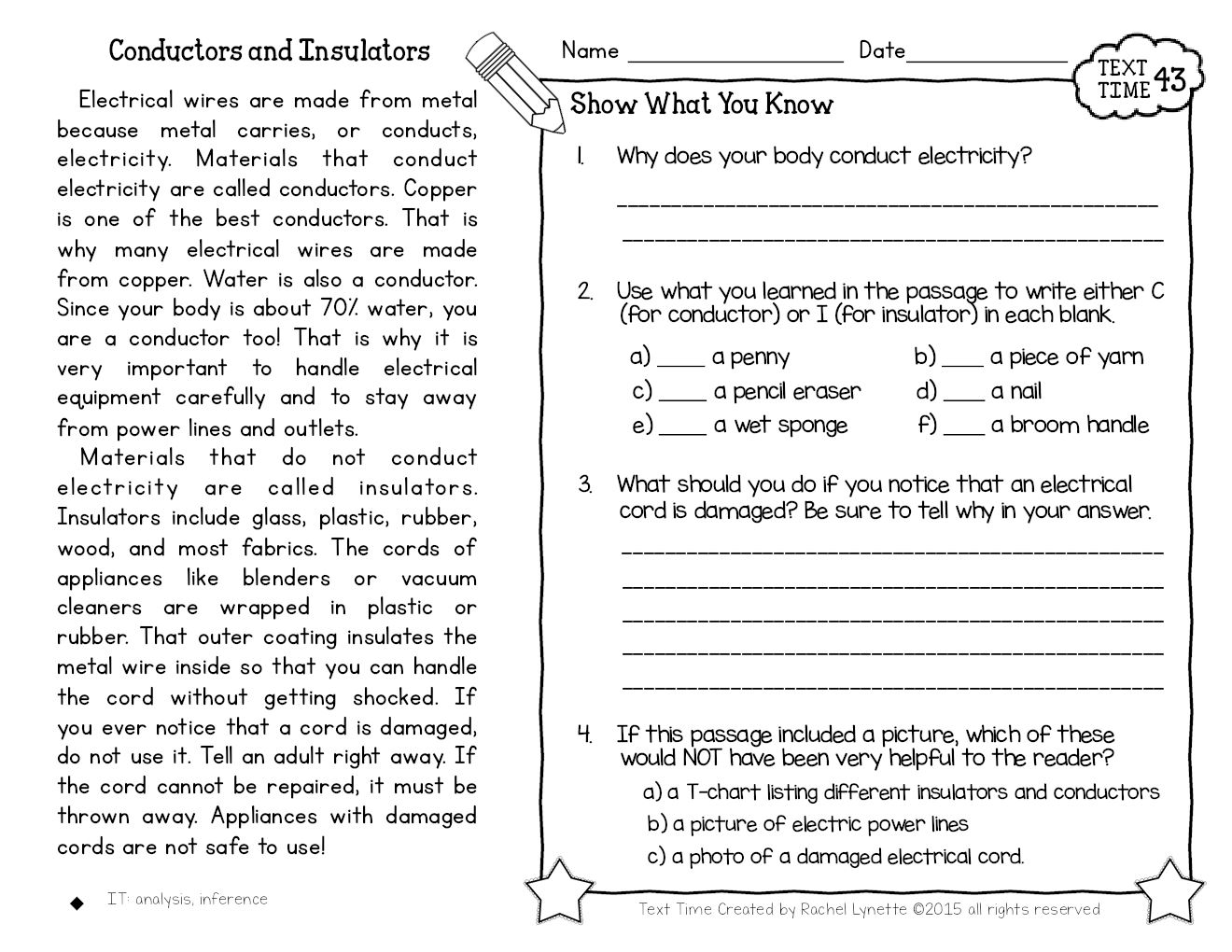 Paired Passage - Conductors and Insulators (Informational Text (nonfiction)) & Safety First ...