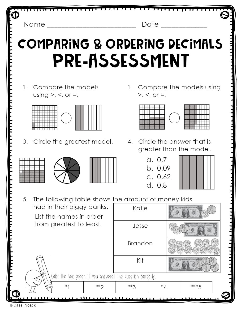 Decimal Comparison Practice Assessment for Grade 4 | Printable Worksheet