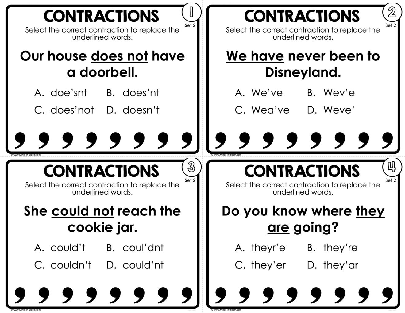 Spell the Contraction Correctly Task Cards - B&W - Minds in Bloom Unlimited