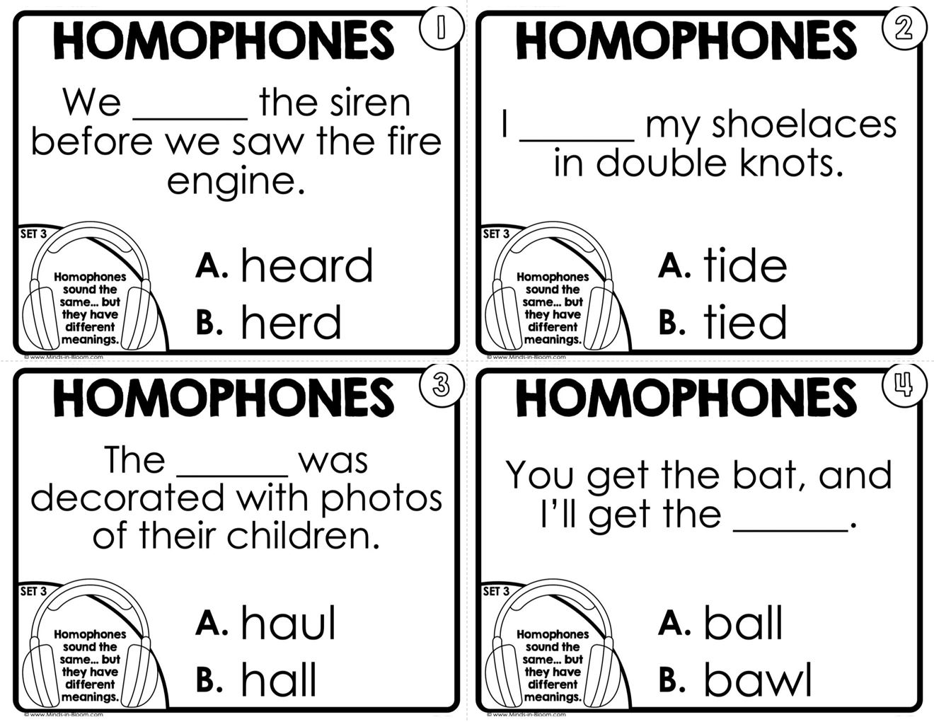 Homophones Task Cards - Set 3 - B&W - Minds in Bloom Unlimited