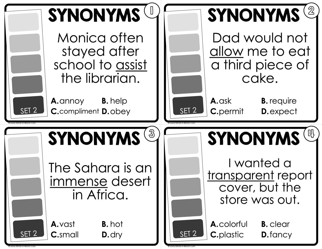 Advanced Synonyms Task Cards - Set 2 - B&W - Minds in Bloom Unlimited