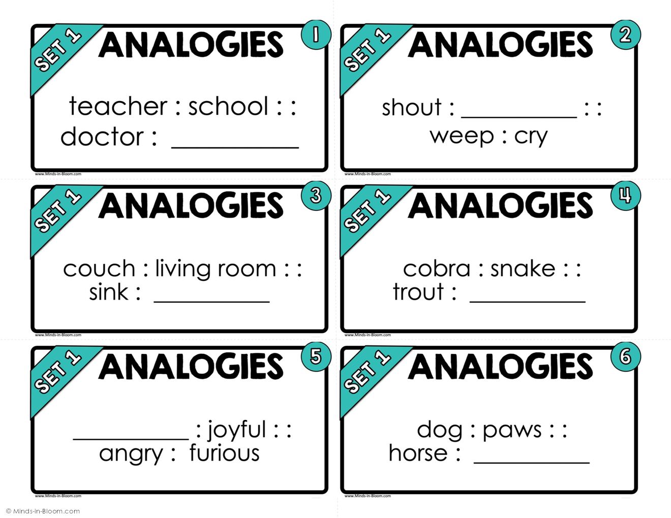 Analogies Task Cards - Part 2 - Set 1 - COLOR - Minds in Bloom Unlimited
