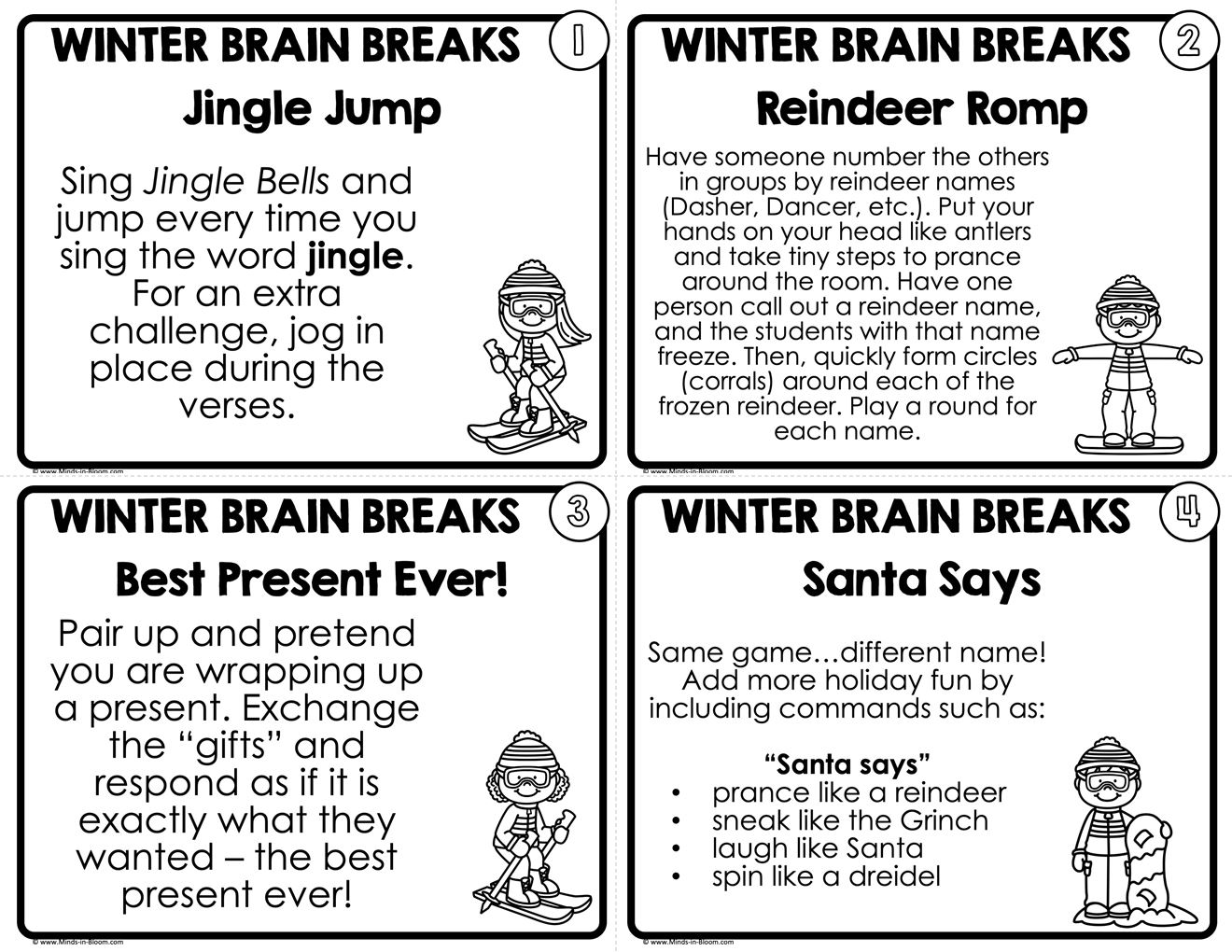 Christmas & Winter Engaging Brain Breaks Task Cards - B&W - Minds in ...