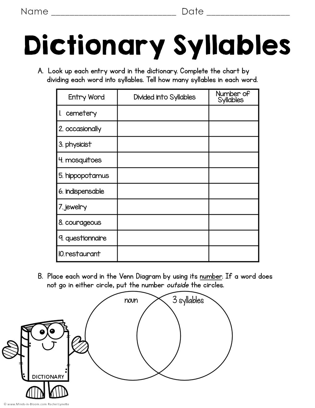 Dictionary Syllables Practice Worksheet | Grade 3-5 Language Activity