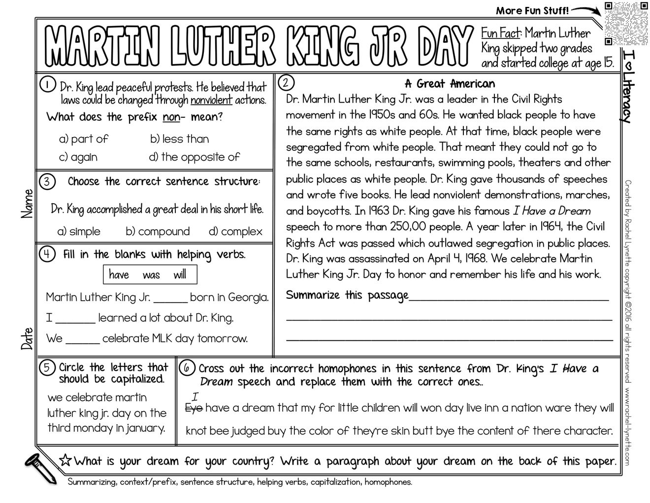 I Love Literacy - MARTIN LUTHER KING JR. DAY - ELA & Reading Practice ...