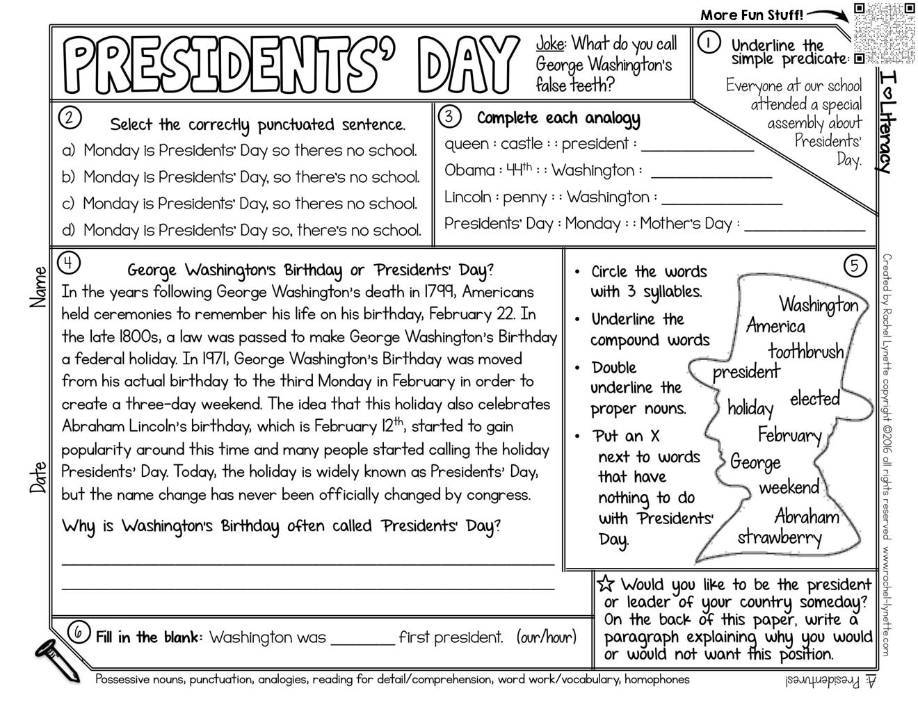 I Love Literacy - PRESIDENT'S DAY - ELA & Reading Practice Activity ...