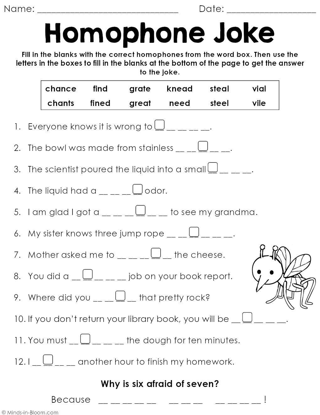 Homophone Practice Sheet - Homophone Joke - Minds in Bloom Unlimited