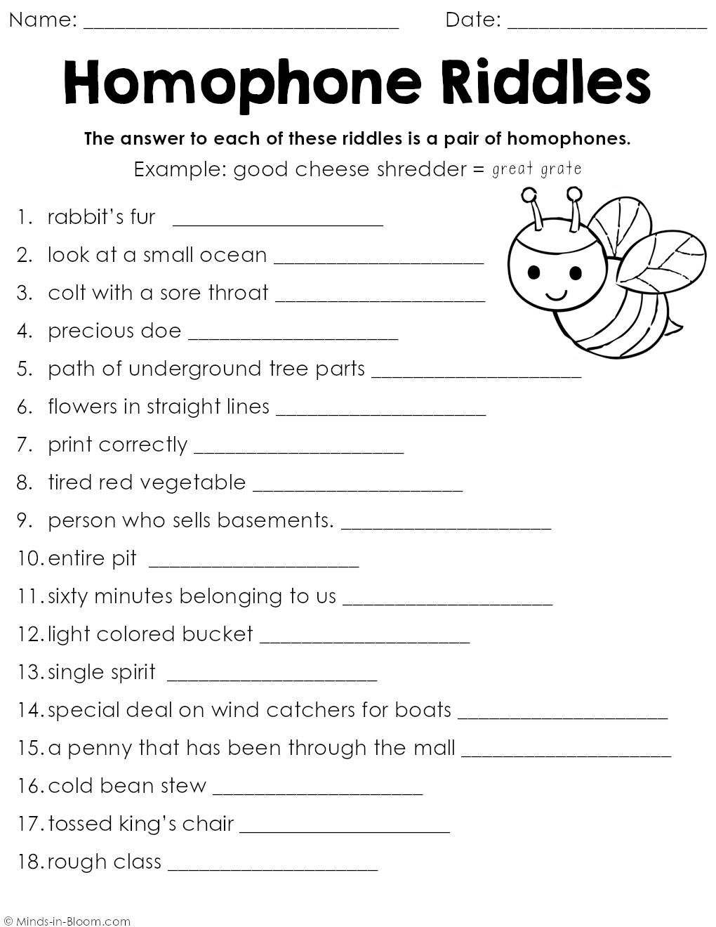Homophone Practice Sheet - Homophone Riddles - Minds in Bloom Unlimited