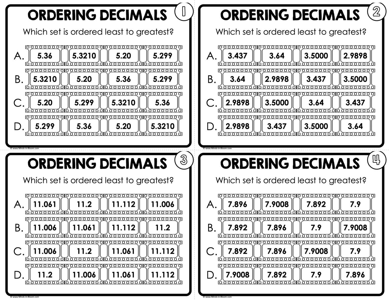 Ordering Decimals Multiple Choice Task Cards - B&W - Minds in Bloom ...