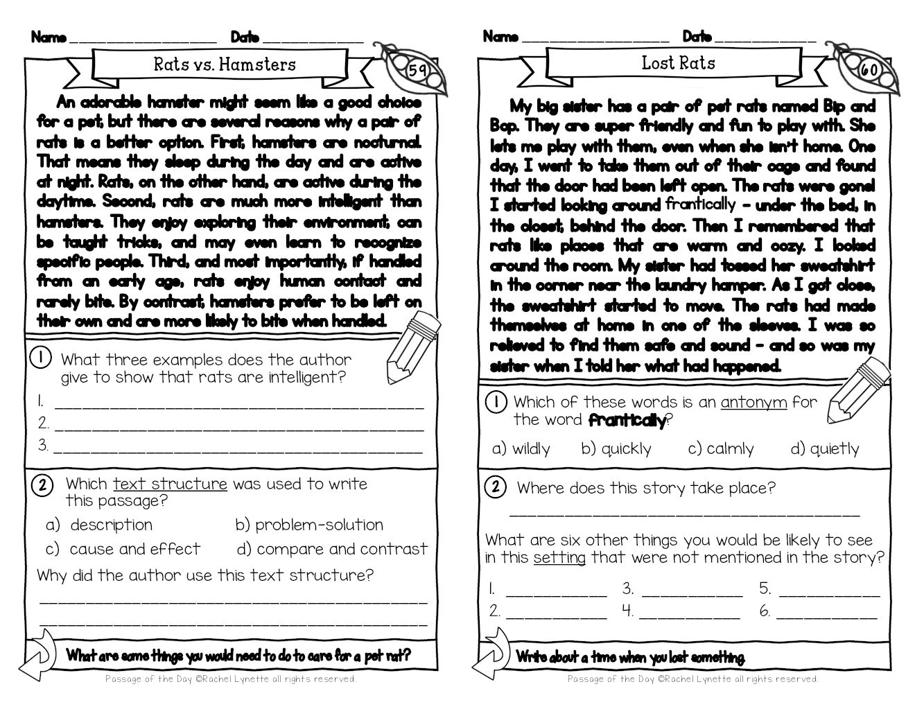 6 Quick Reading Passages - # 59-64 - Minds in Bloom Unlimited
