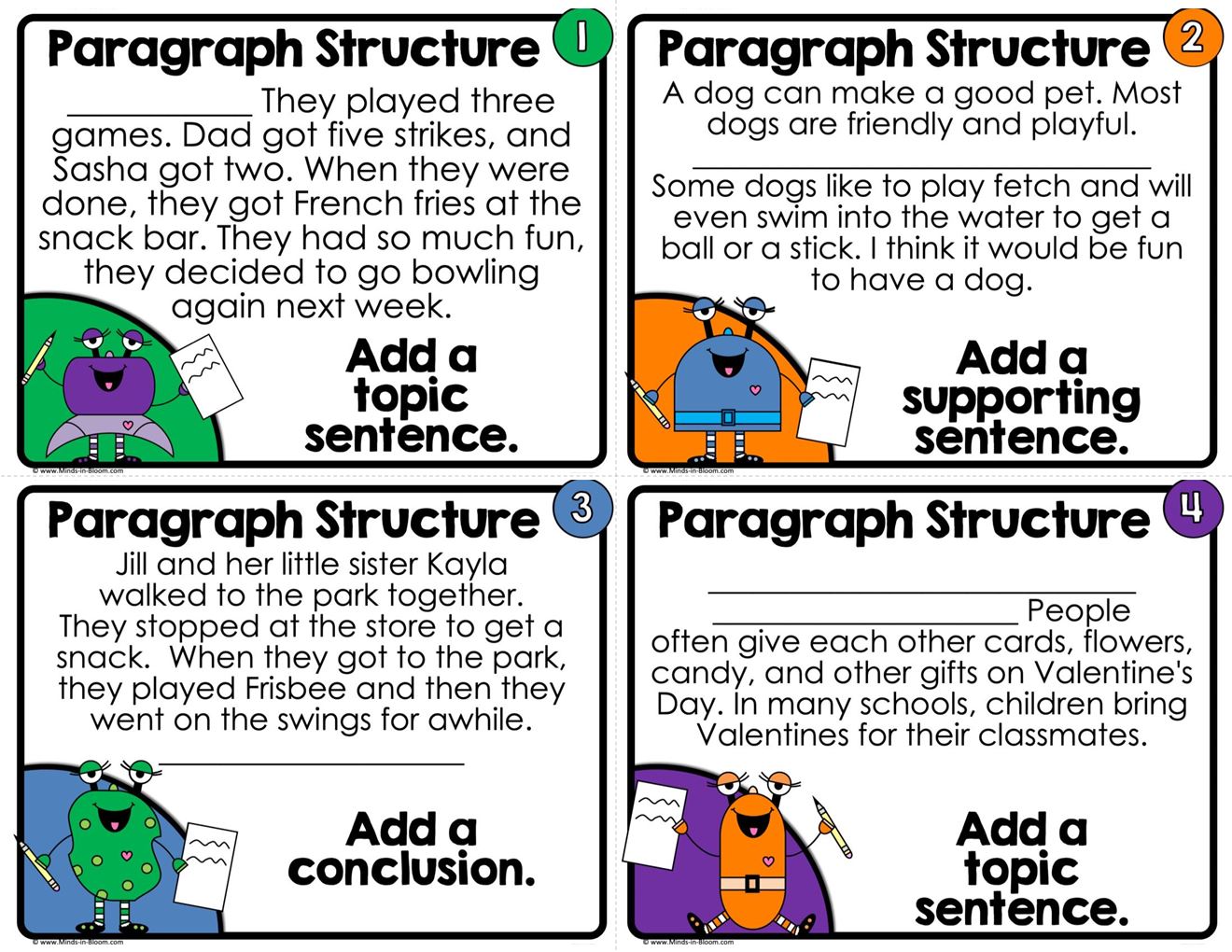 Paragraph Structure Writing Task Cards - COLOR - Minds in Bloom Unlimited