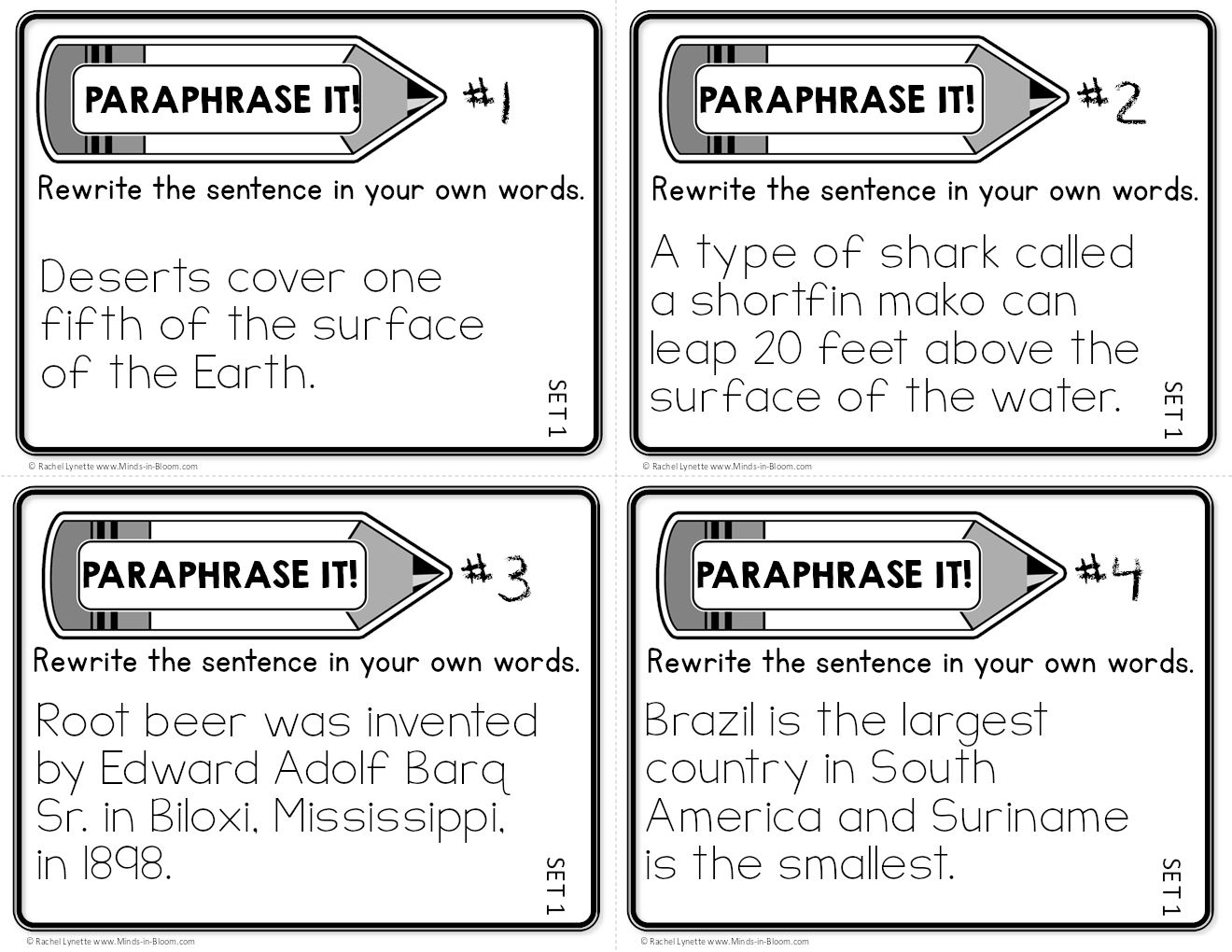 Paraphrase Sentence Practice Task Cards for Grade 3|4 | Reading Strategies