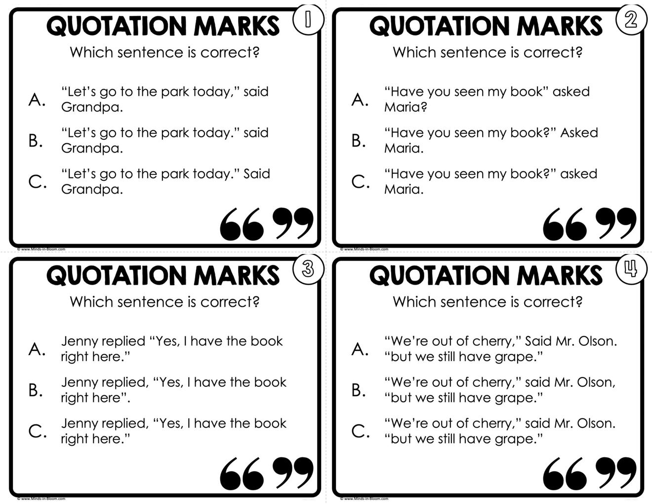 Quotation Marks Task Cards - Multiple Choice - B&W - Minds in Bloom ...
