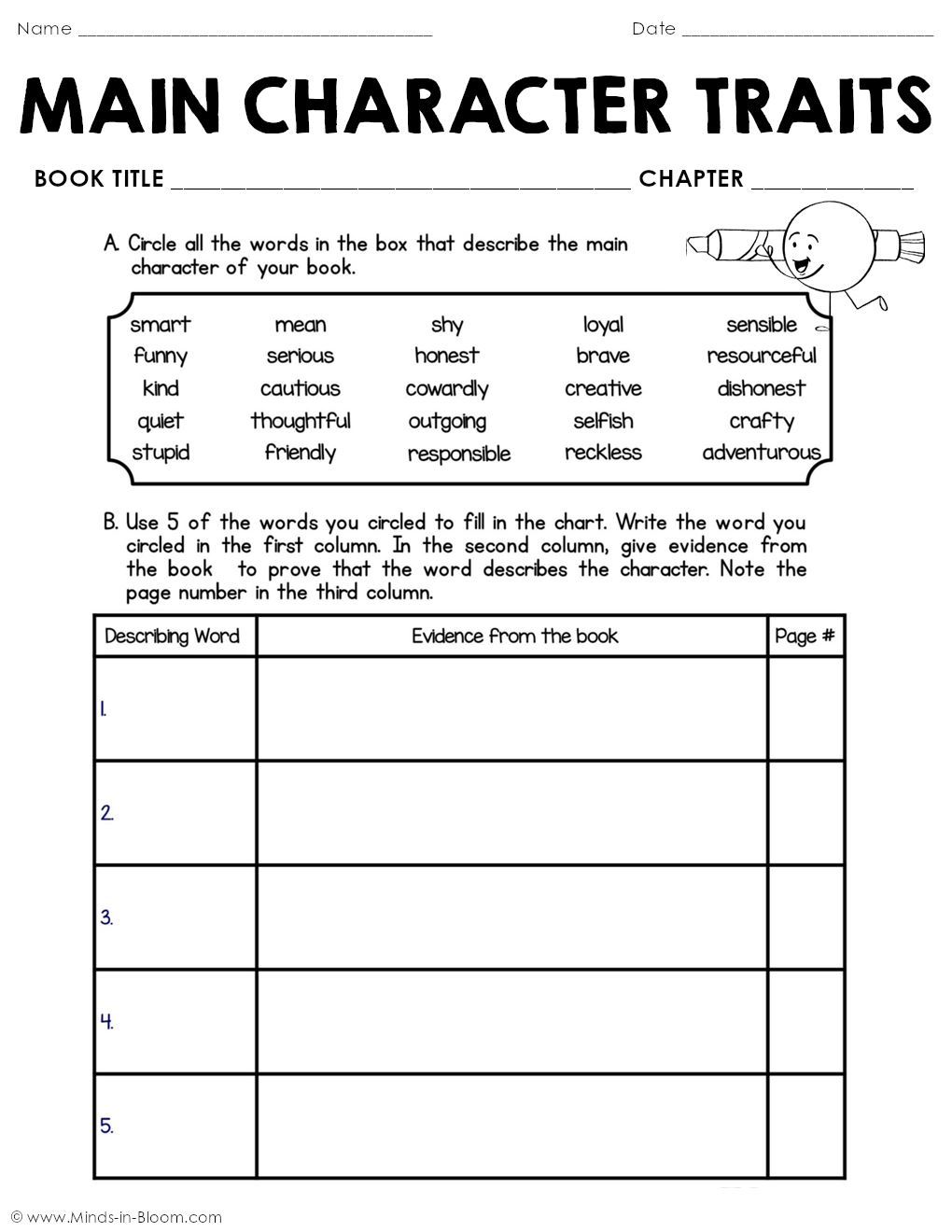 Reading Responses for Any Book - Main Character Traits - Minds in Bloom ...