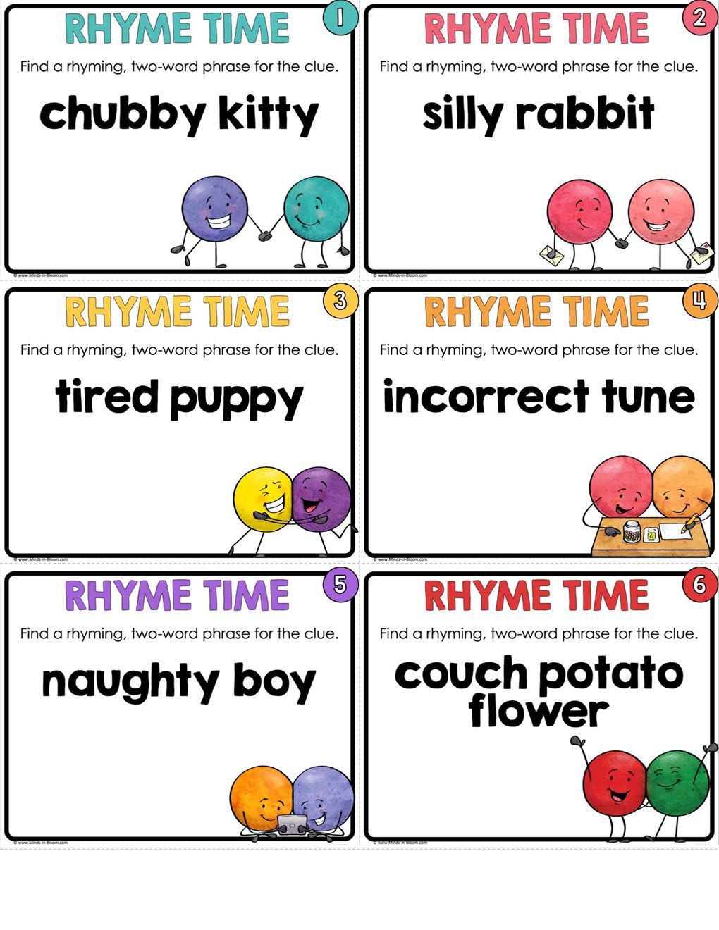 Rhyme Time Challenge Task Cards Find A Rhyming Phrase Based On A Clue 