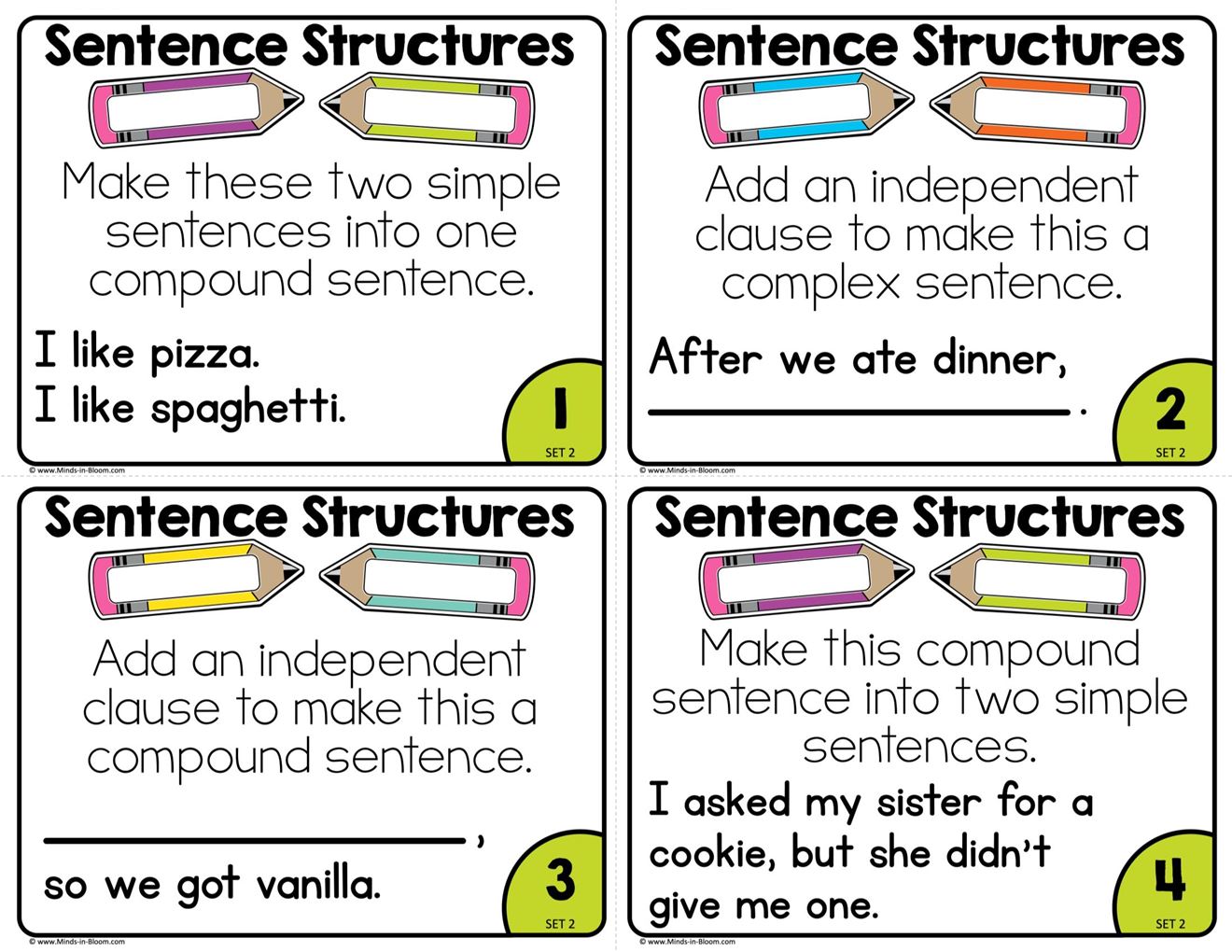 Sentence Structure Analysis Task Cards for Grades 4-5 | Printable ...