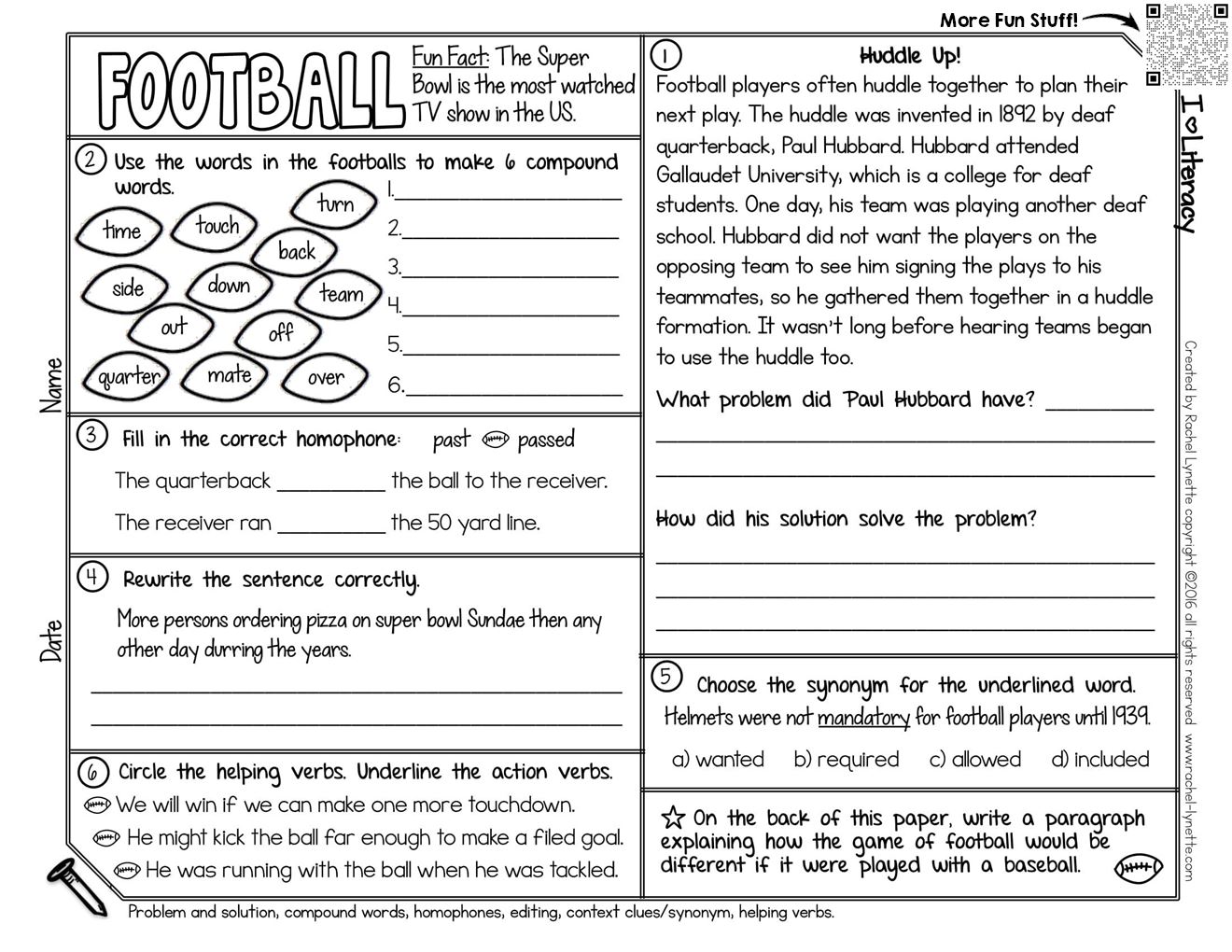 I Love Literacy - SPORTS - ELA & Reading No Prep Mini Pack Activity ...