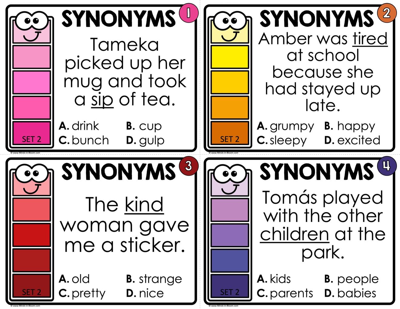 Beginner Synonyms Task Cards - Set 2 - COLOR - Minds in Bloom Unlimited