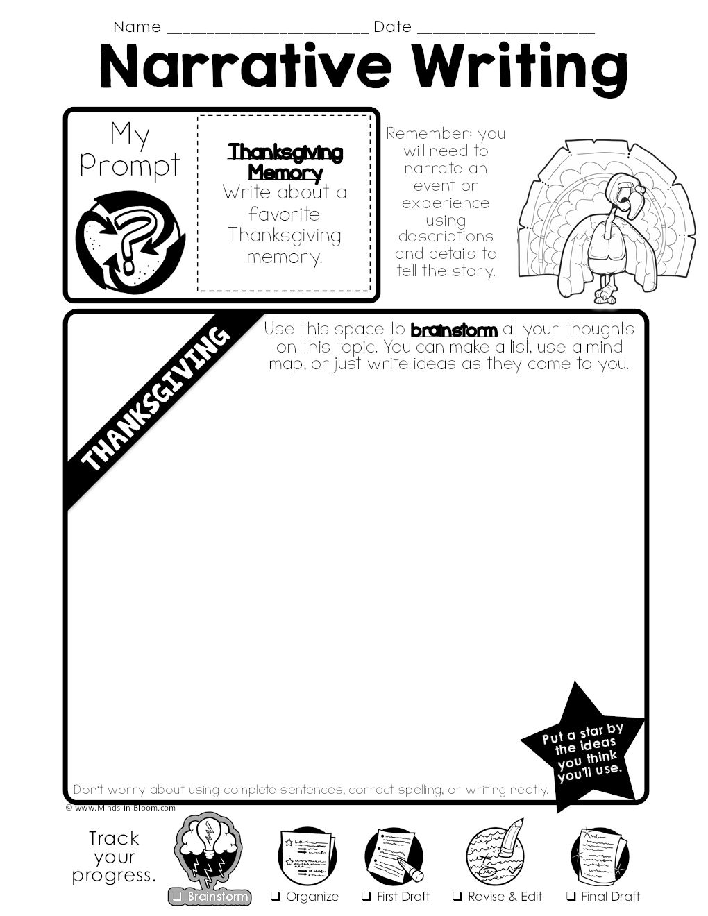 Thanksgiving Memory Narrative Printable Worksheet for Grades 3-5