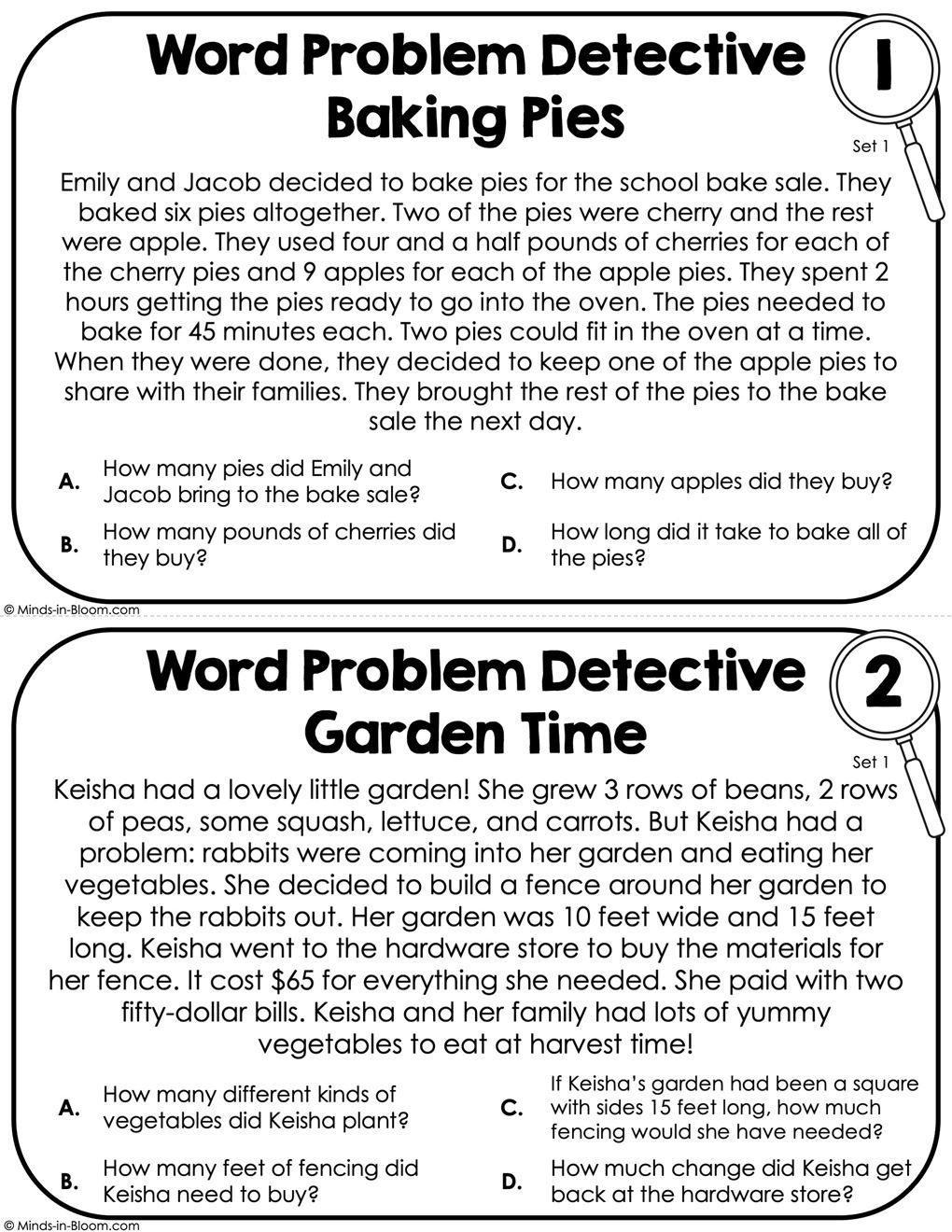 Word Problem Detective - Task Cards B&W - Minds in Bloom Unlimited