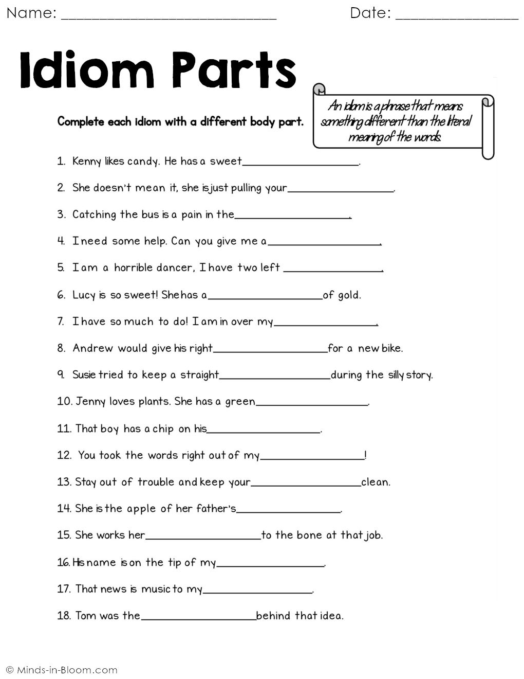Language Arts Enrichment: Idiom Parts - Minds in Bloom Unlimited