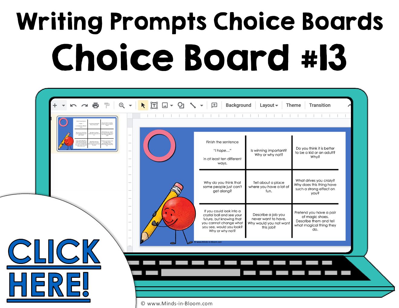 Google Slides Tic-Tac-Toe Writing Journal Prompts - Choice Board #13 ...