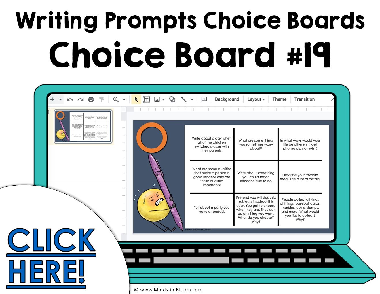 Google Slides Tic-Tac-Toe Writing Journal Prompts - Choice Board #19 ...
