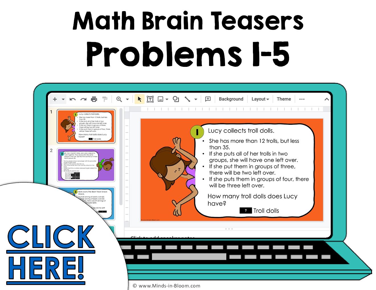 Google Slides - Math Brain Teasers - #1-5 - Minds in Bloom Unlimited