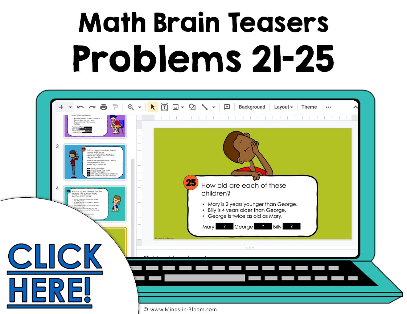 Google Slides - Math Brain Teasers - #21-25 - Minds in Bloom Unlimited