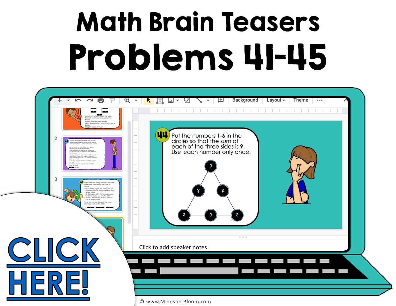 Google Slides - Math Brain Teasers - #41-45 - Minds in Bloom Unlimited