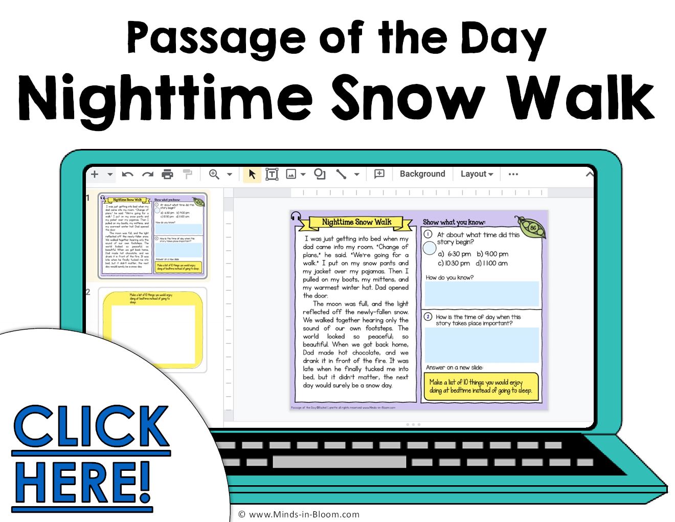 Google Slides Fiction (literature) Passage: Nighttime Snow Walk - Minds ...
