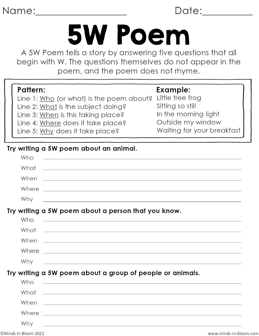 5W Poem Practice Worksheet for Grades 3-5 | Printable Resource