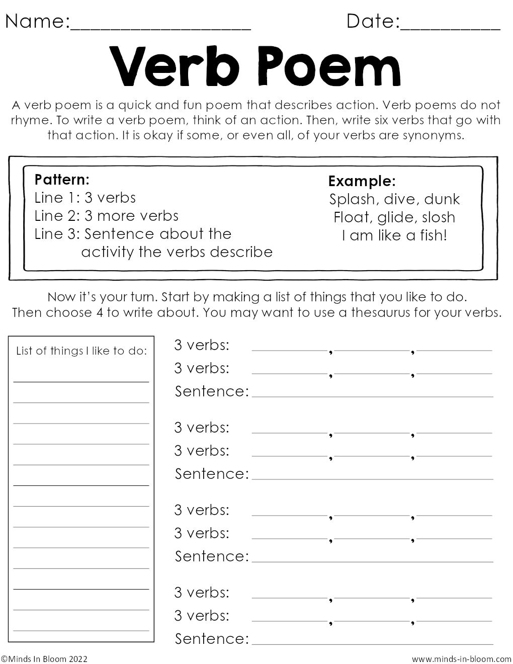 Action Verb Poetry Worksheets | Grade 3-5 Printable Resource