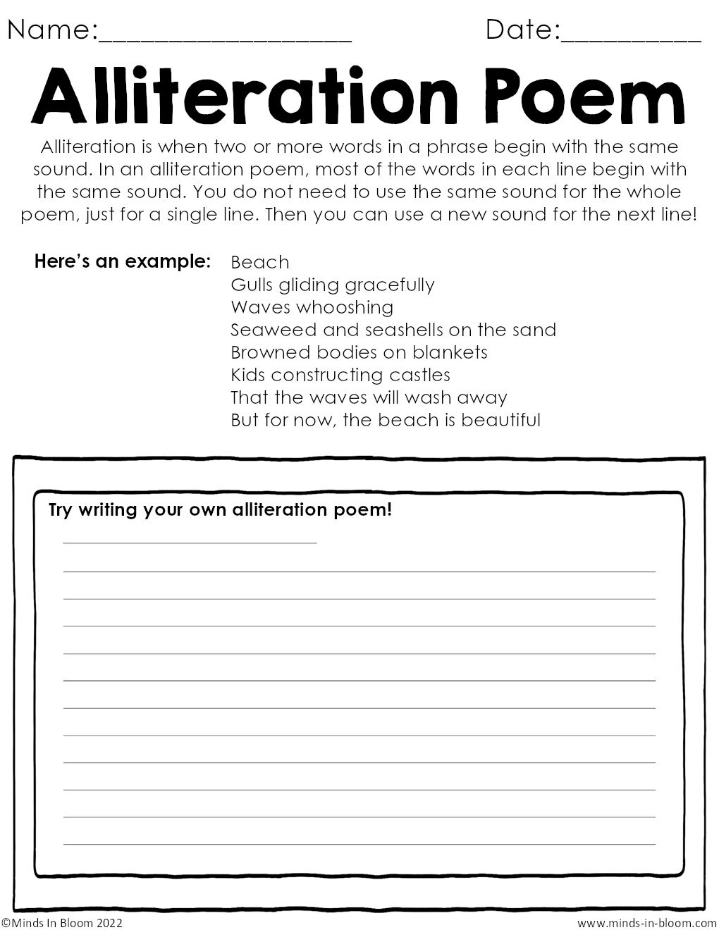 Alliteration Poem Practice Worksheet | Grades 3-5, Printable