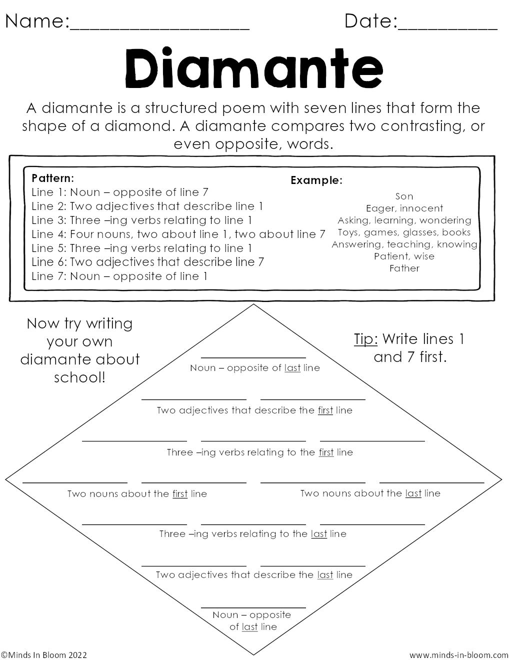 Diamante Structure Worksheet | Printable for Grades 3-5