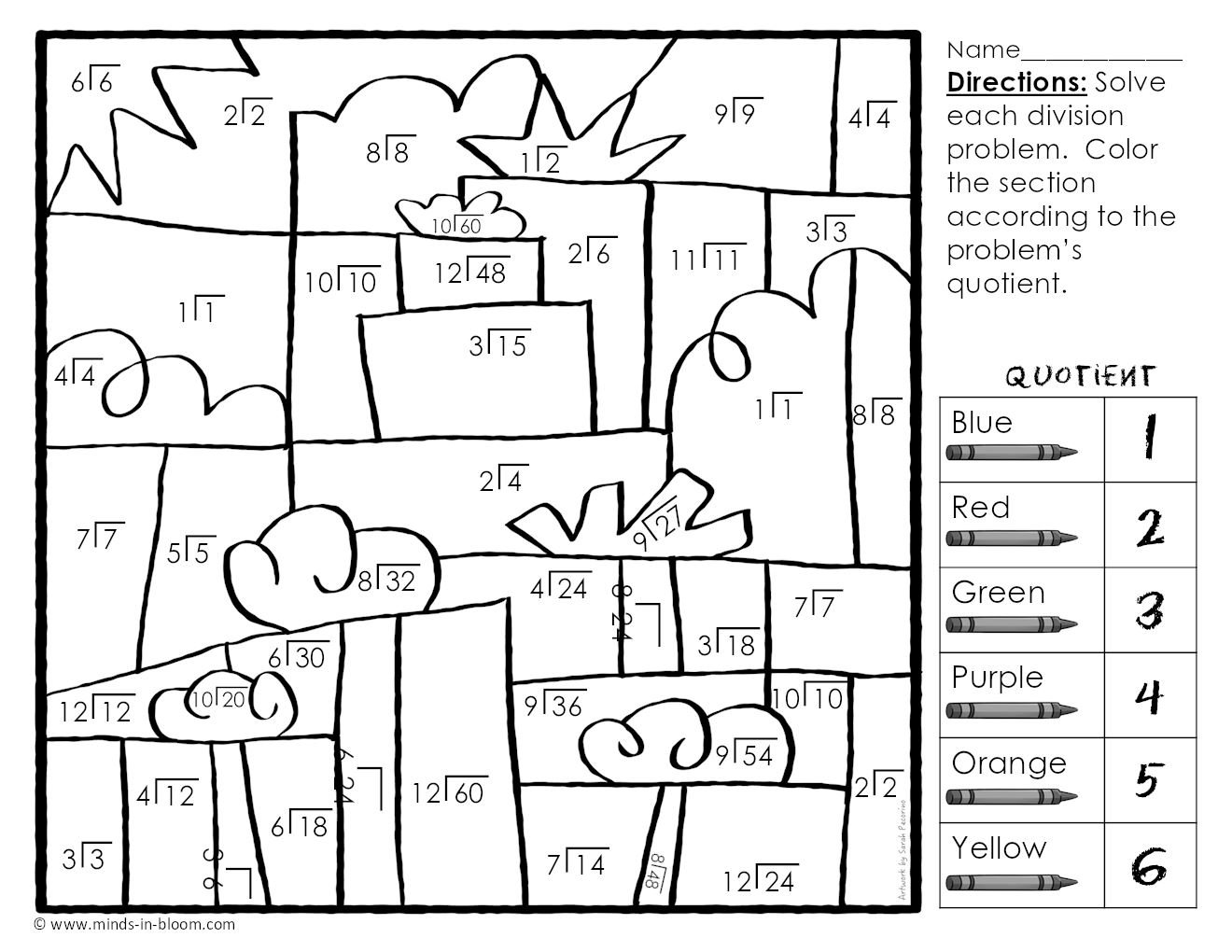 Coloring - Christmas Presents Division Color by Number - Quotients of 1 ...