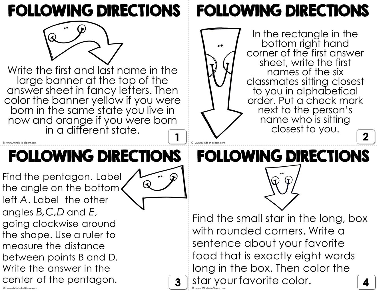 Following Directions Task Cards Activity - B&W - Minds in Bloom Unlimited