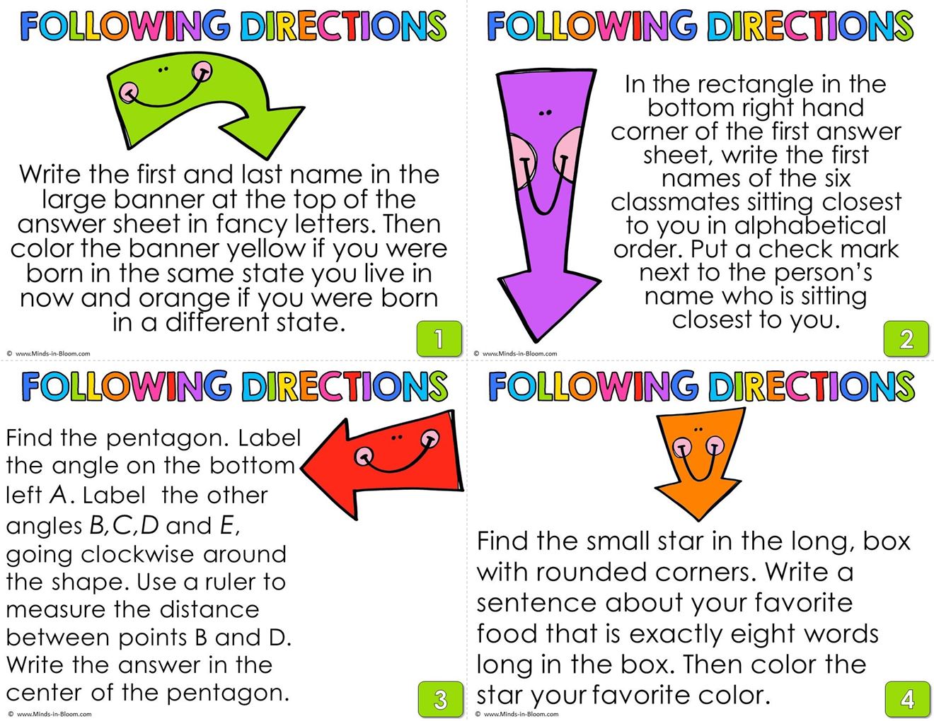 Following Directions Task Cards Activity - COLOR - Minds in Bloom Unlimited