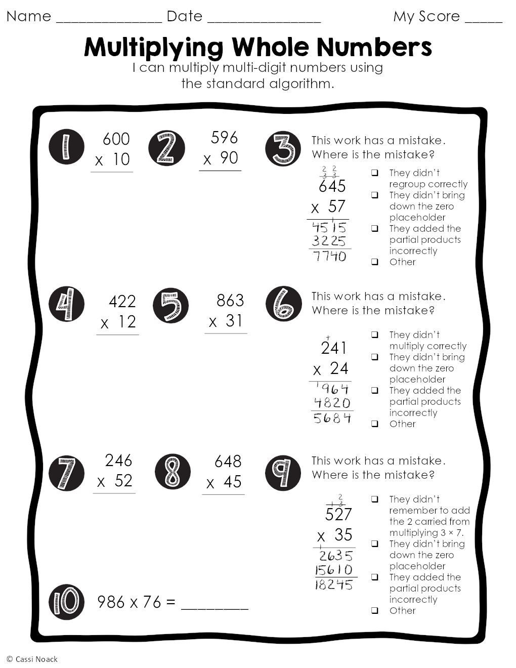 Math Quick Checks Great For 5th Graders Multiplying Whole Numbers