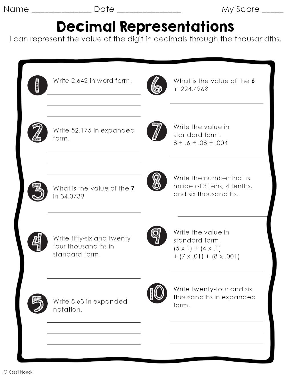Math Quick Checks Great For 5th Graders Decimal Representations