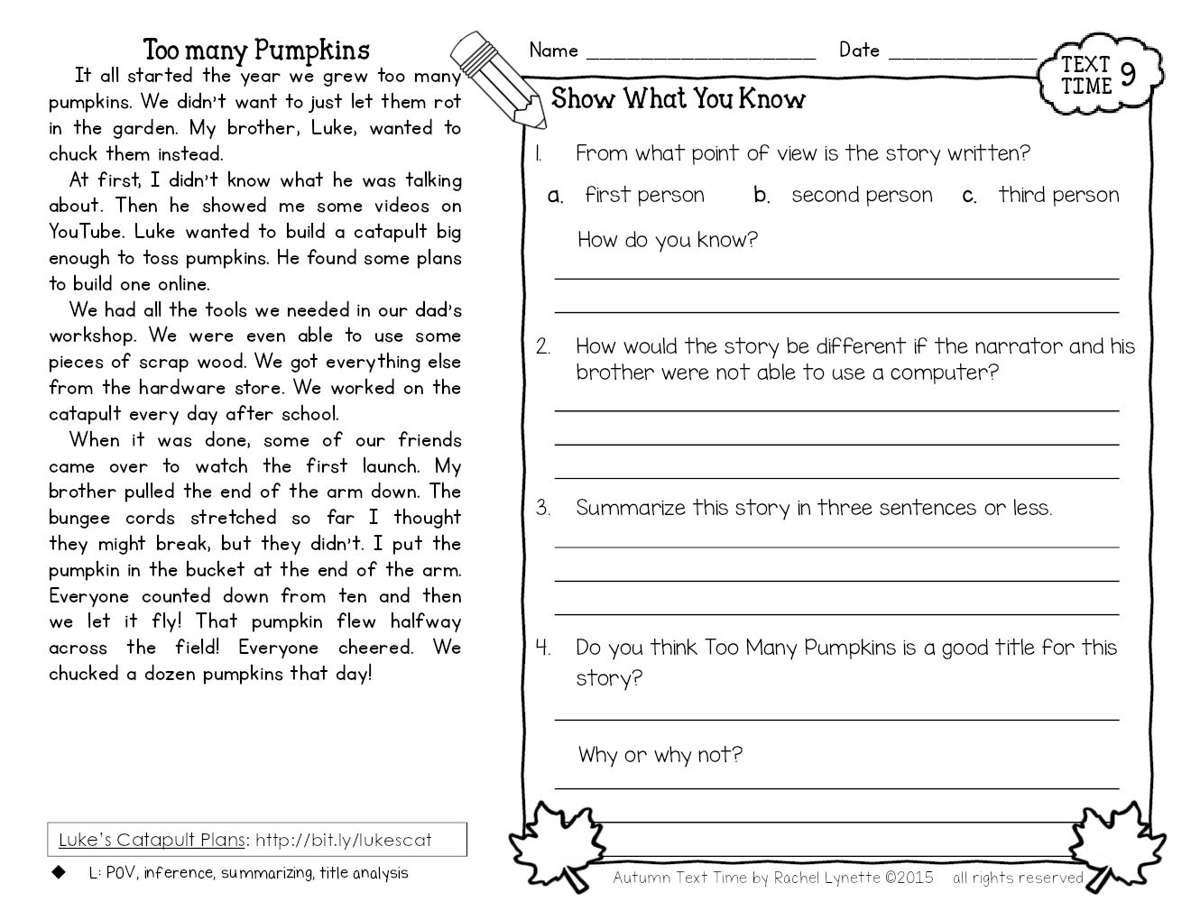 Fall Reading Paired Passage - Too Many Pumpkins - Literature (fiction ...