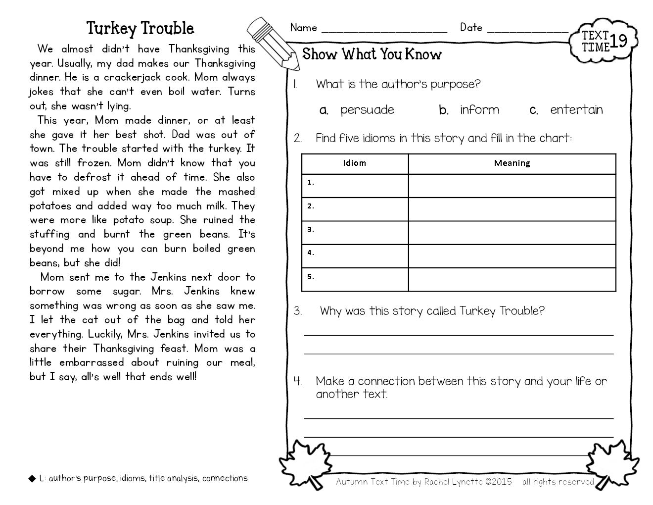 Fall Reading Passage - Turkey Trouble - Literature (fiction) - Minds in ...