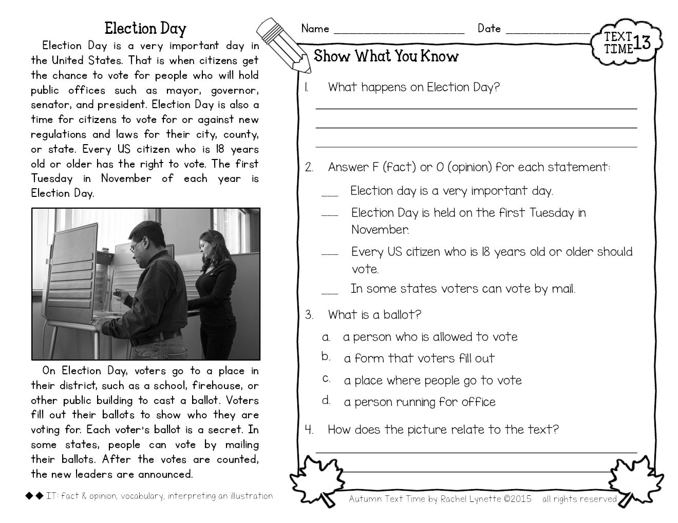 Fall Reading Passage - Election Day - Informational Text (nonfiction ...